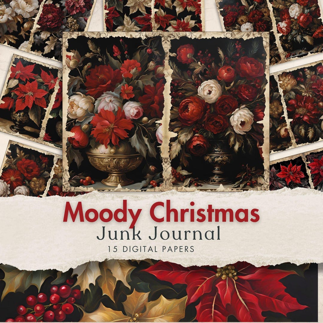 Moody Christmas Junk Journal Pages Gothic Holiday Digital Paper Red and ...
