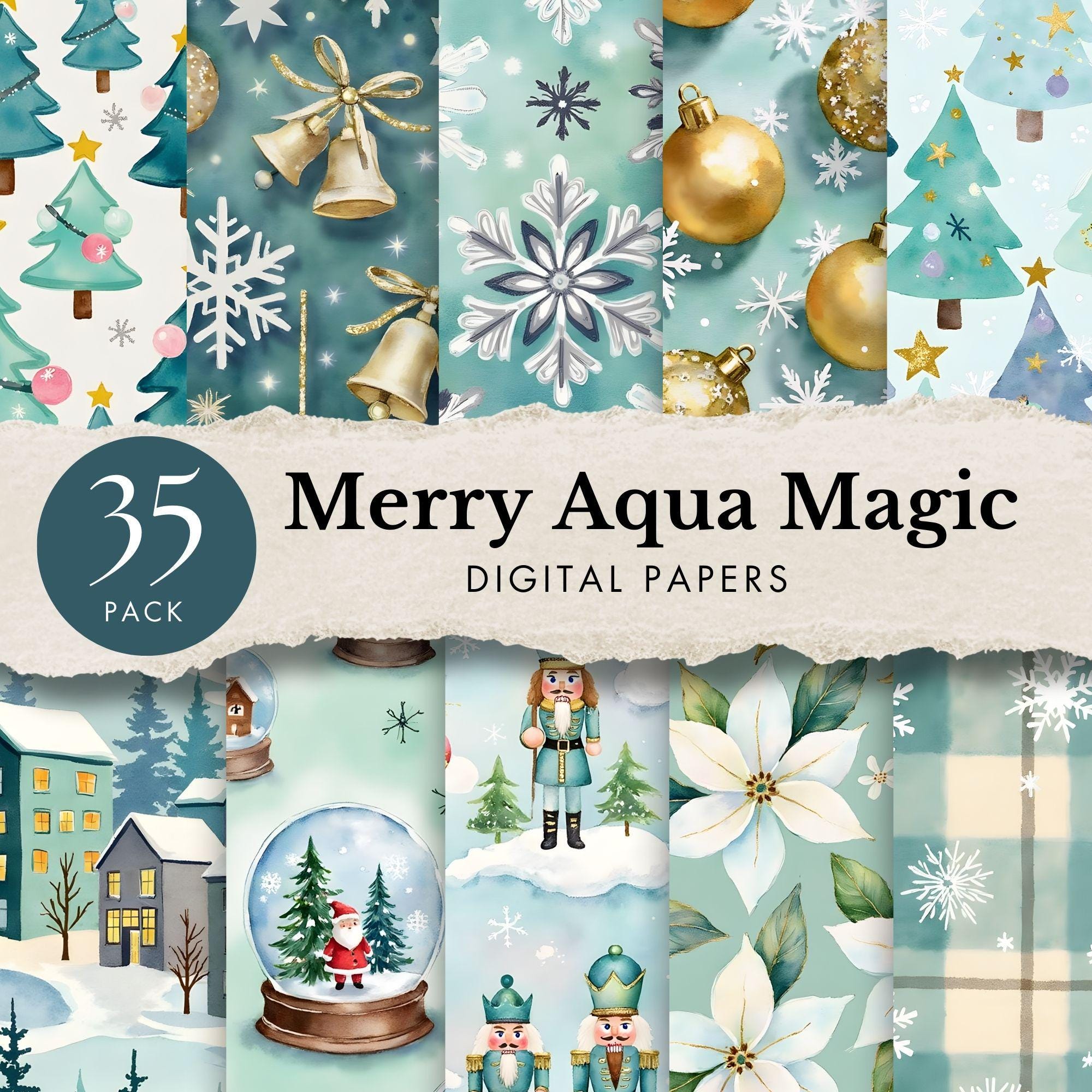 Christmas Digital Paper Aqua Holiday Floral Junk Journal Poinsettia ...