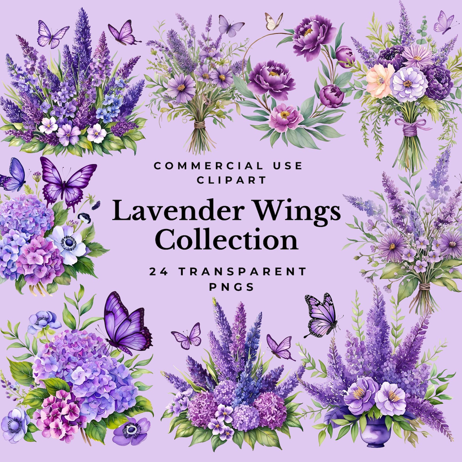 Purple Flowers and Butterfly Clipart Watercolor Floral Spring PNG ...