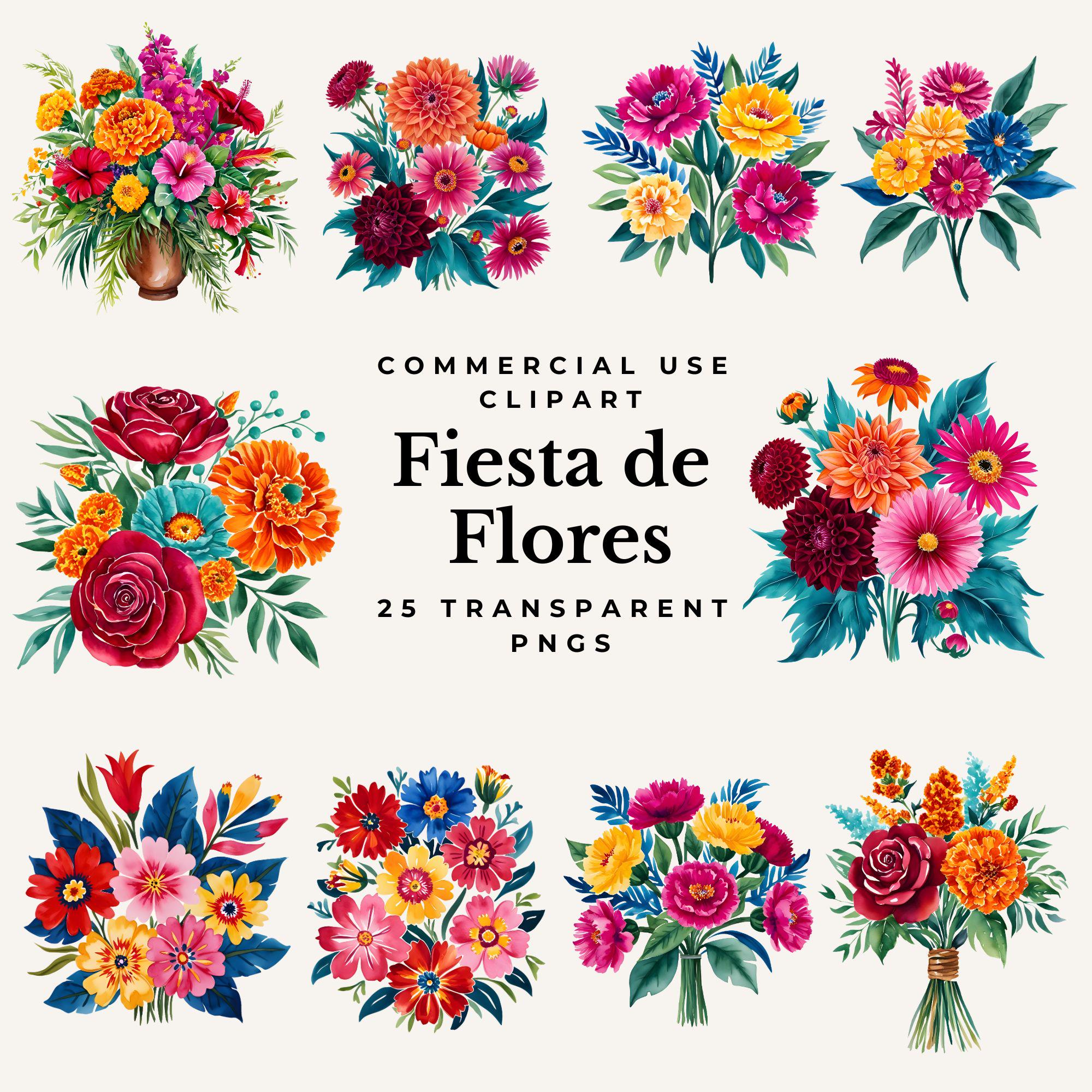 Mexican Fiesta Flowers Clipart Spanish Floral PNG Cinco De Mayo Party ...