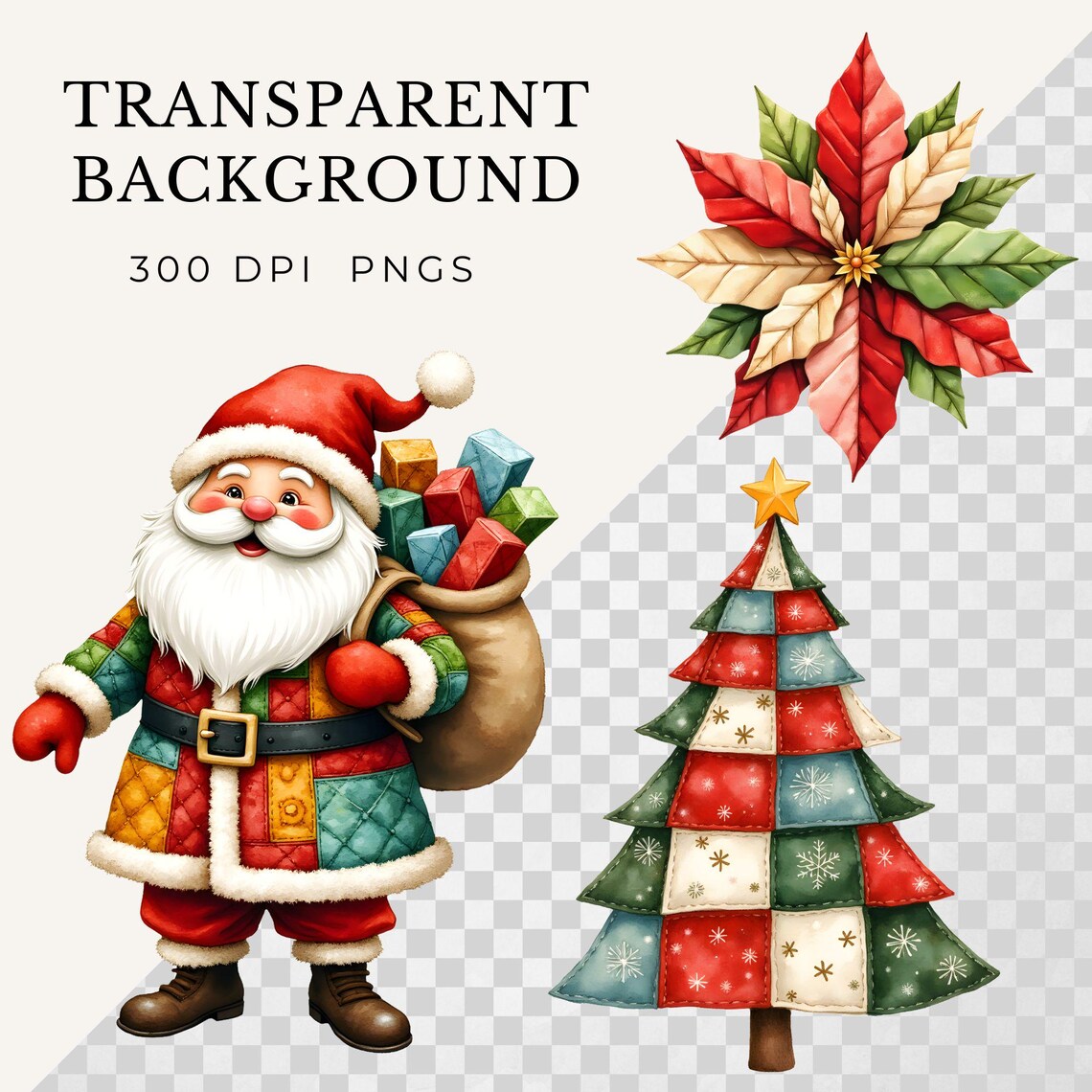 Patchwork Christmas Tree Clipart Quilted Holiday PNG Vintage Xmas ...