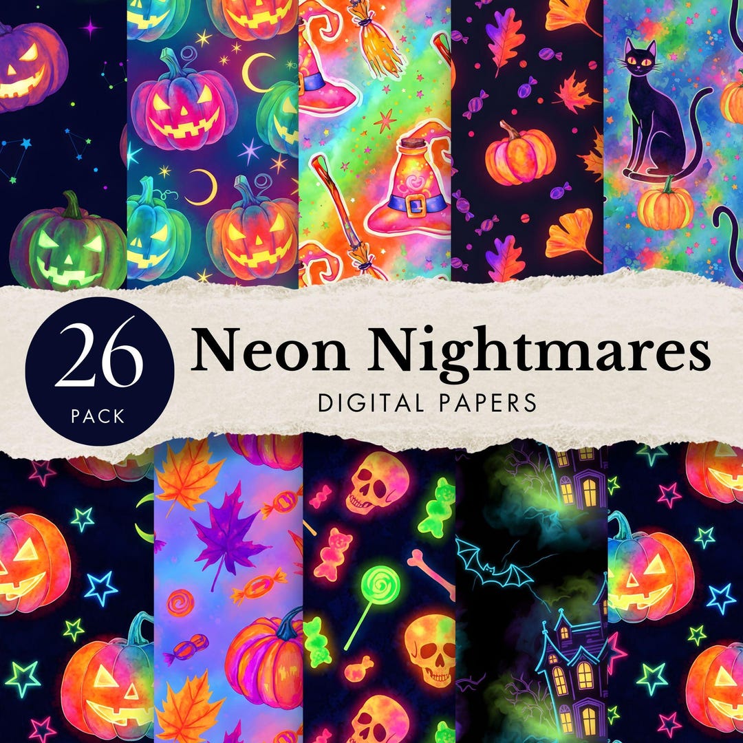 Neon Halloween Digital Paper Glowing Spooky Background Bright Pumpkin ...
