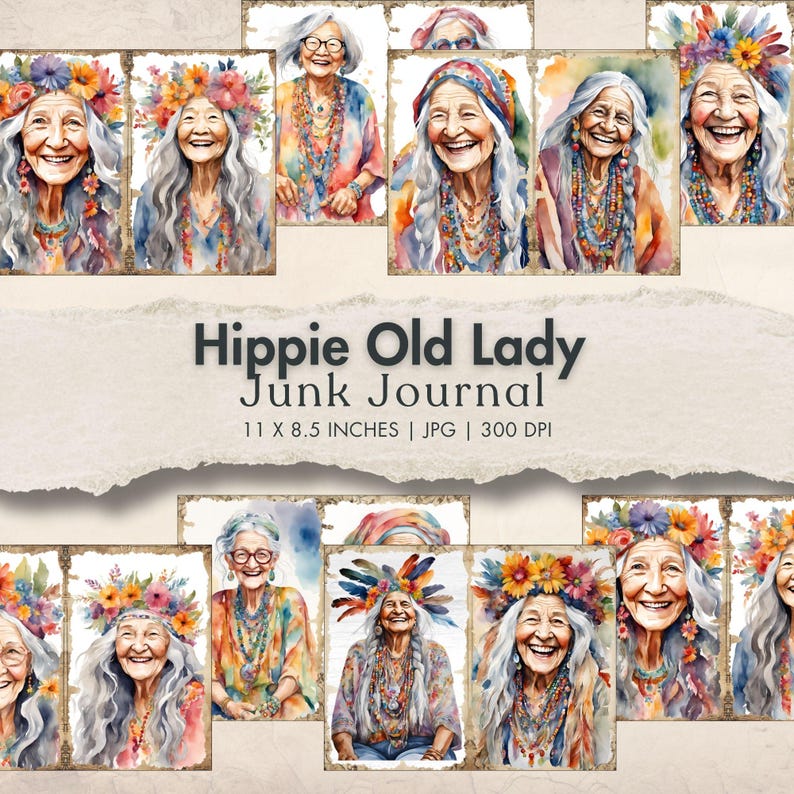 Hippie Old Lady Junk Journal Funny Old Woman Digital Paper Pages Boho ...