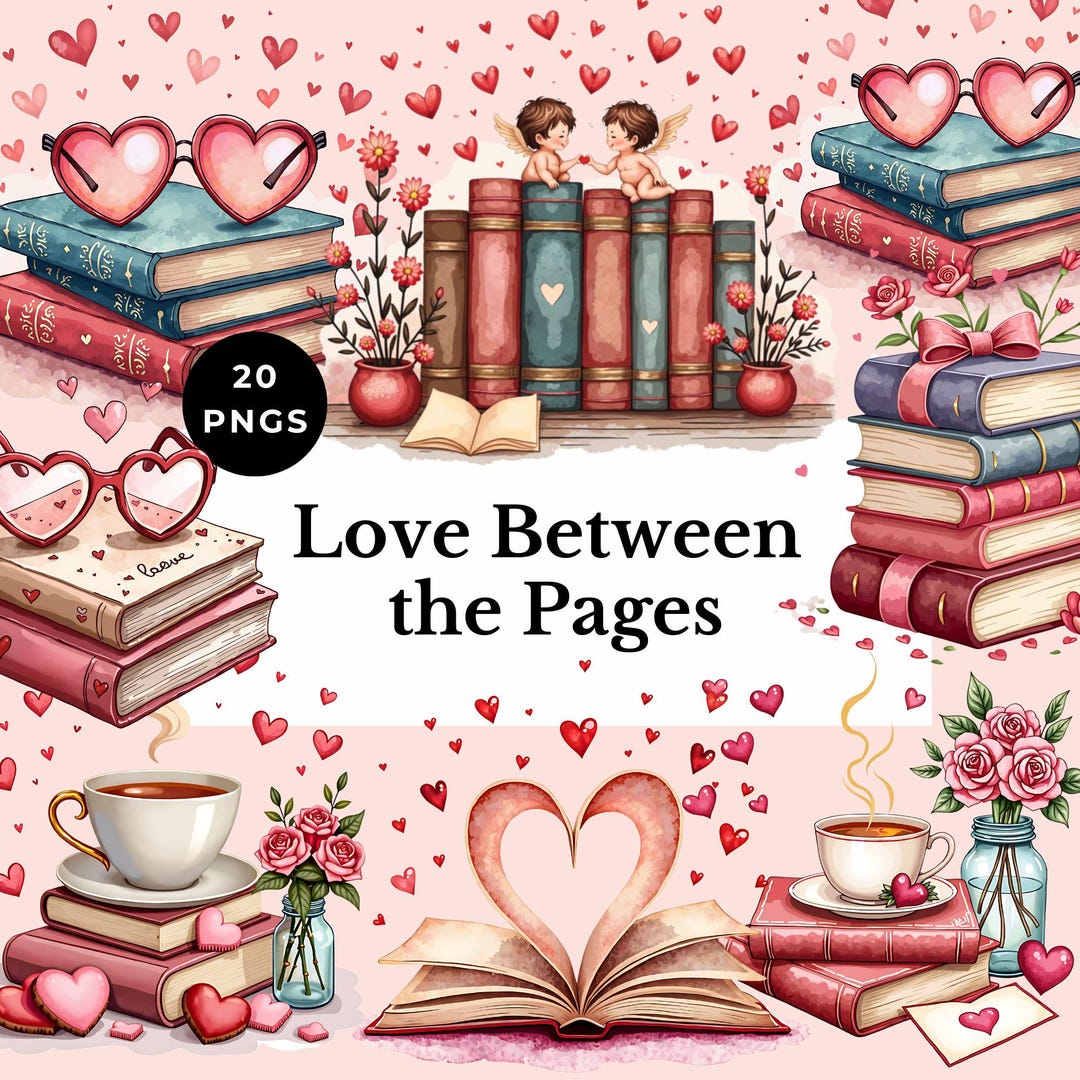 Valentine Bookish Clipart Romantic Book Lover PNG Cute Pink Digital ...