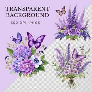 Purple Flowers and Butterfly Clipart Watercolor Floral Spring PNG ...