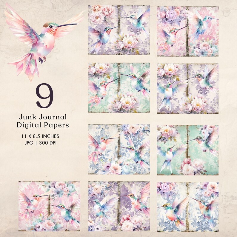 Humming Bird Junk Journal Kit Soft Pastel Bird Digital Paper Vintage ...