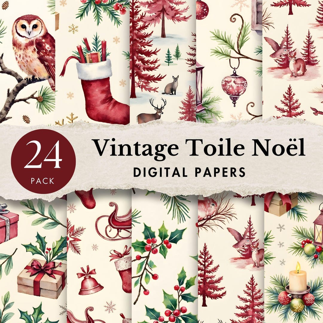 Christmas Toile Digital Paper Red Green Toile Junk Journal Kit Toile De ...