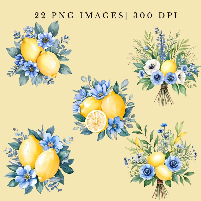 Lemon and Blue Flower Clipart Watercolor Floral PNG Italian Wedding ...