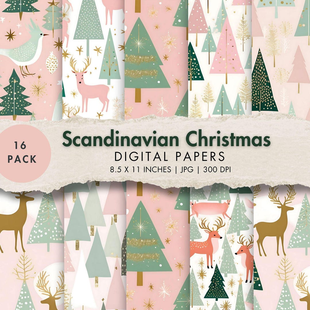 Scandinavian Christmas Digital Papers Nordic Holiday Scrapbook Craft ...