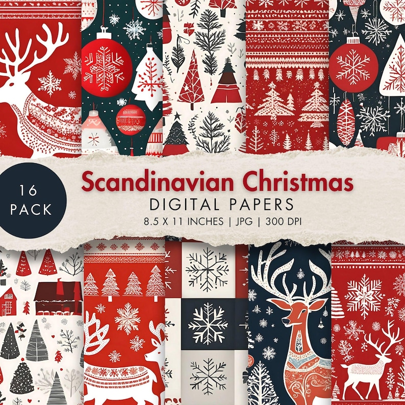 Scandinavian Christmas Digital Papers Nordic Holiday Scrapbook Craft ...