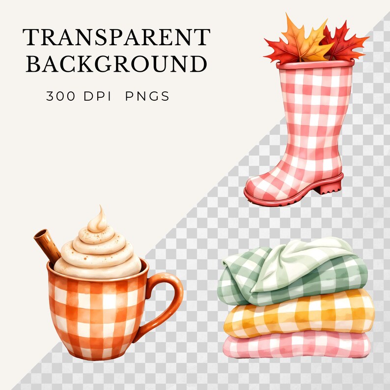 Fall Gingham Clipart Watercolor Pumpkins PNG Cute Autumn Picnic Graphic ...