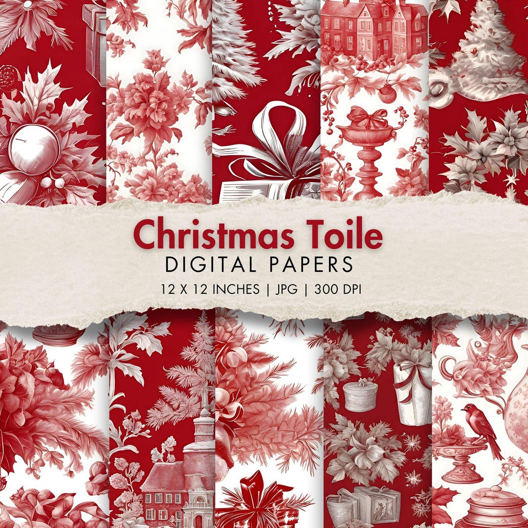 Christmas Toile Digital Paper Red White Toile Junk Journal Kit Toile De ...
