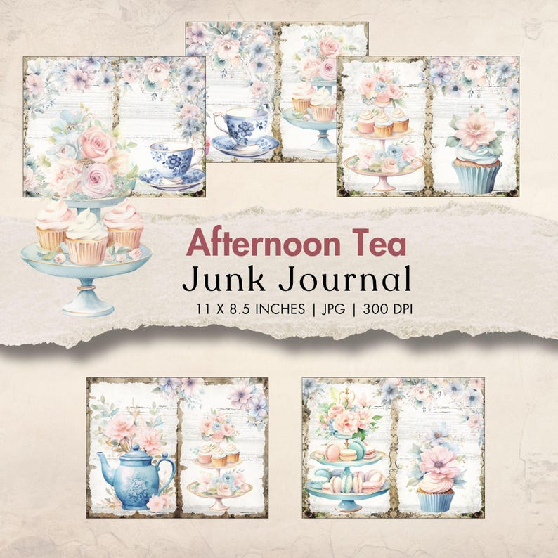 Afternoon Tea Junk Journal Pages Watercolor High Tea Ephemera Vintage ...