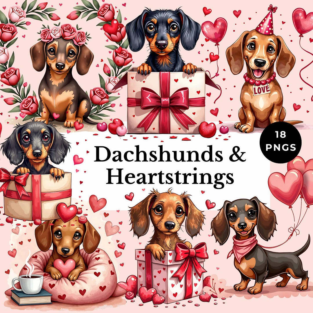 Valentine Dachshund Clipart Cute Wiener Dog PNG Whimsical Puppy Image ...