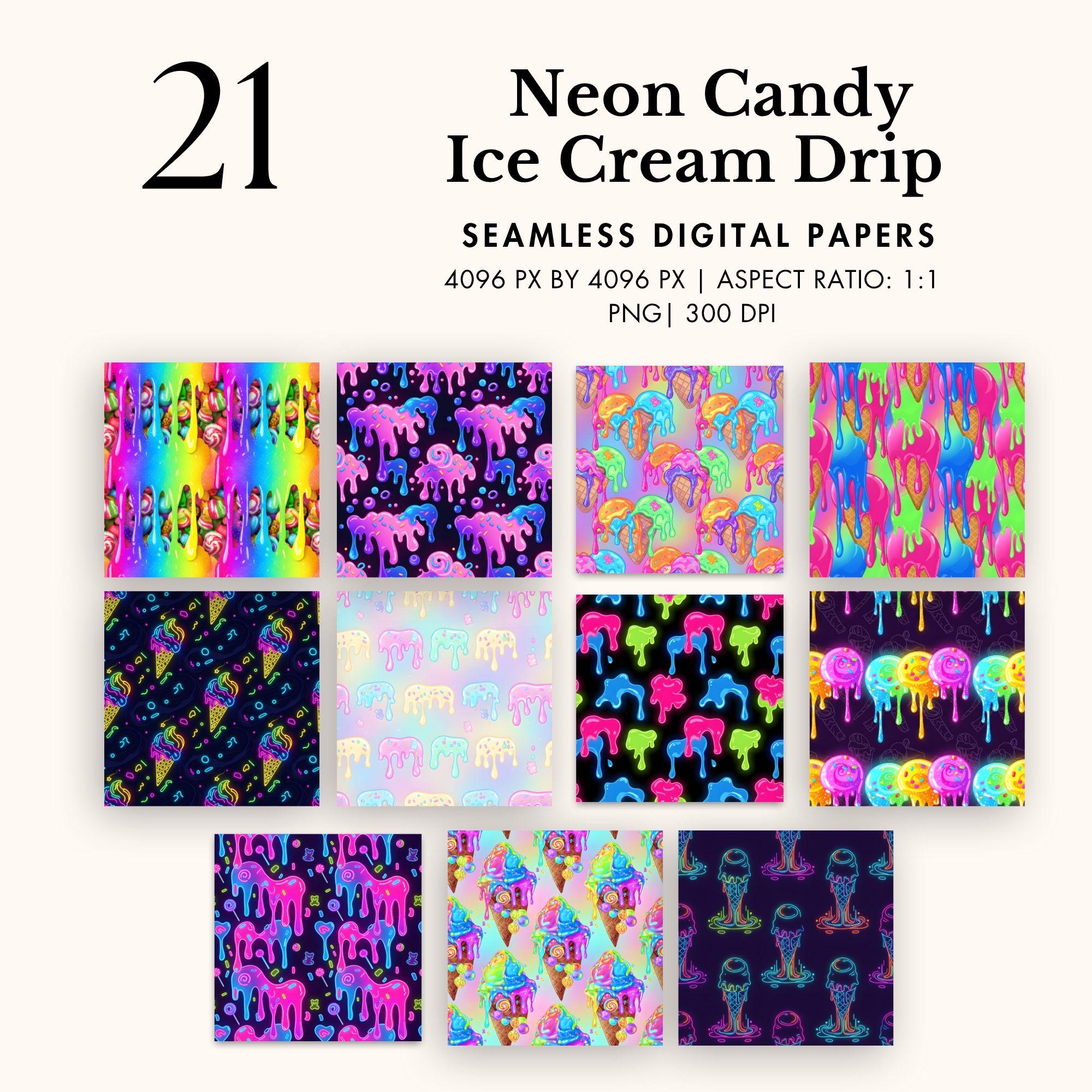 Ice Cream Cone Drip Digital Paper Neon Seamless Pattern Bright Candy ...