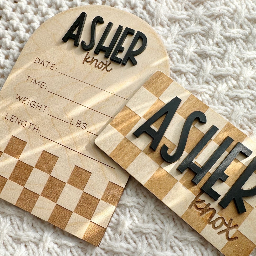 Mini Baby Name Sign Checkered Sign Baby Birth Stats Sign Checkerboard ...
