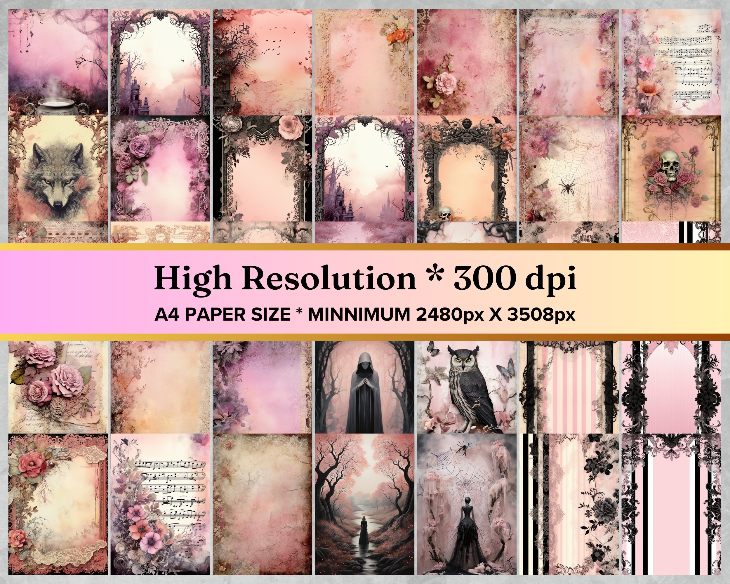 Halloween Junk Journal Digital Paper Bundle, Autumn Pink Gothic ...