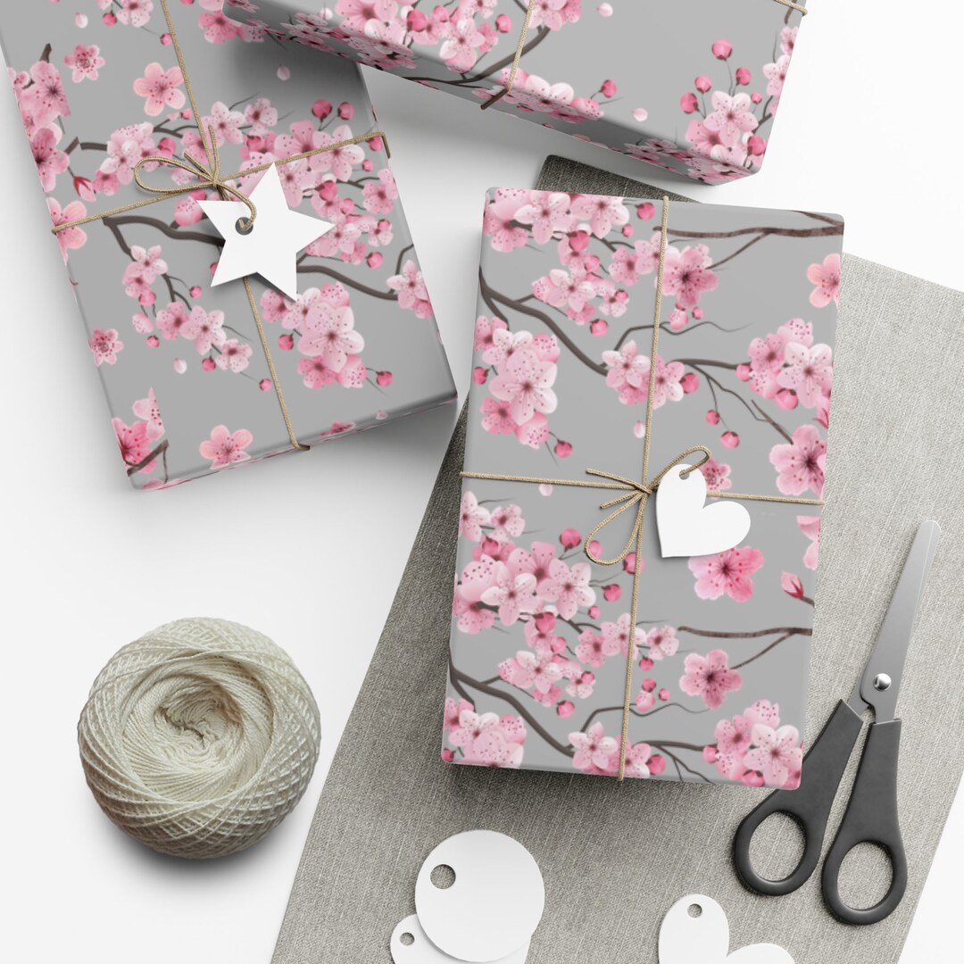 Pink Cherry Blossom Grey Gift Wrap Paper Sakura Wrapping Paper for ...