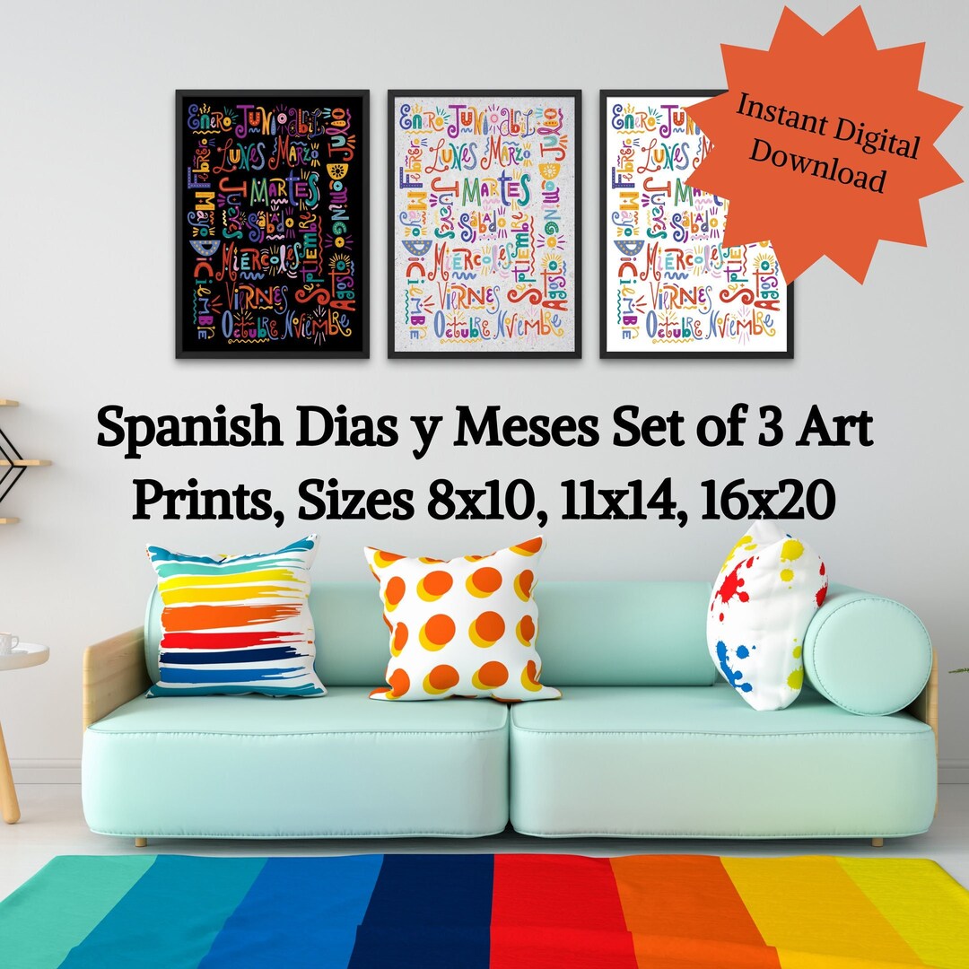 Spanish Days and Months Art Prints, Set of 3, Spanish Wall Art, Spanish ...