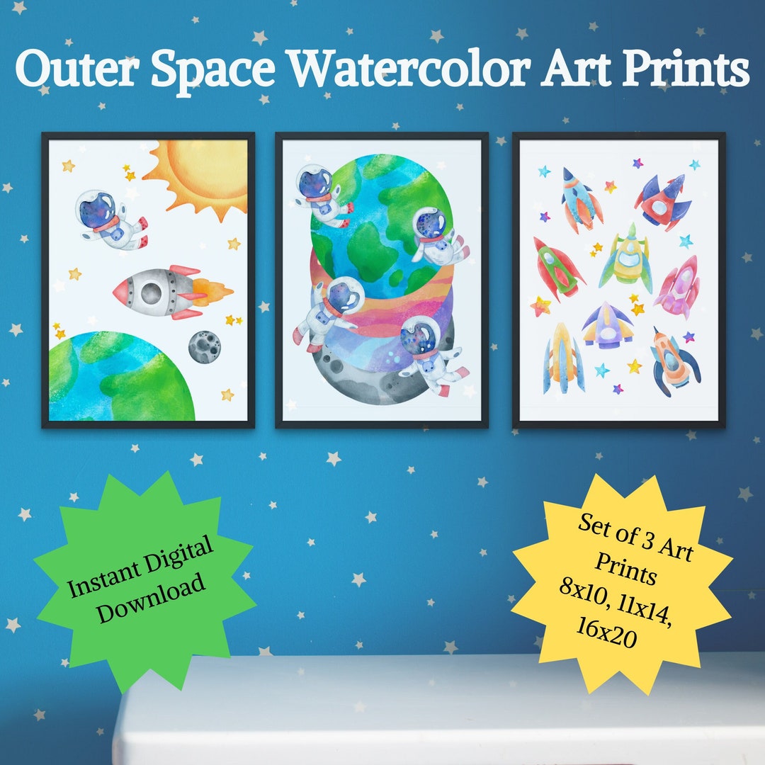 Outer Space Watercolor Art Print Set of 3, Sizes 8x10, 11x14, & 16x20 ...