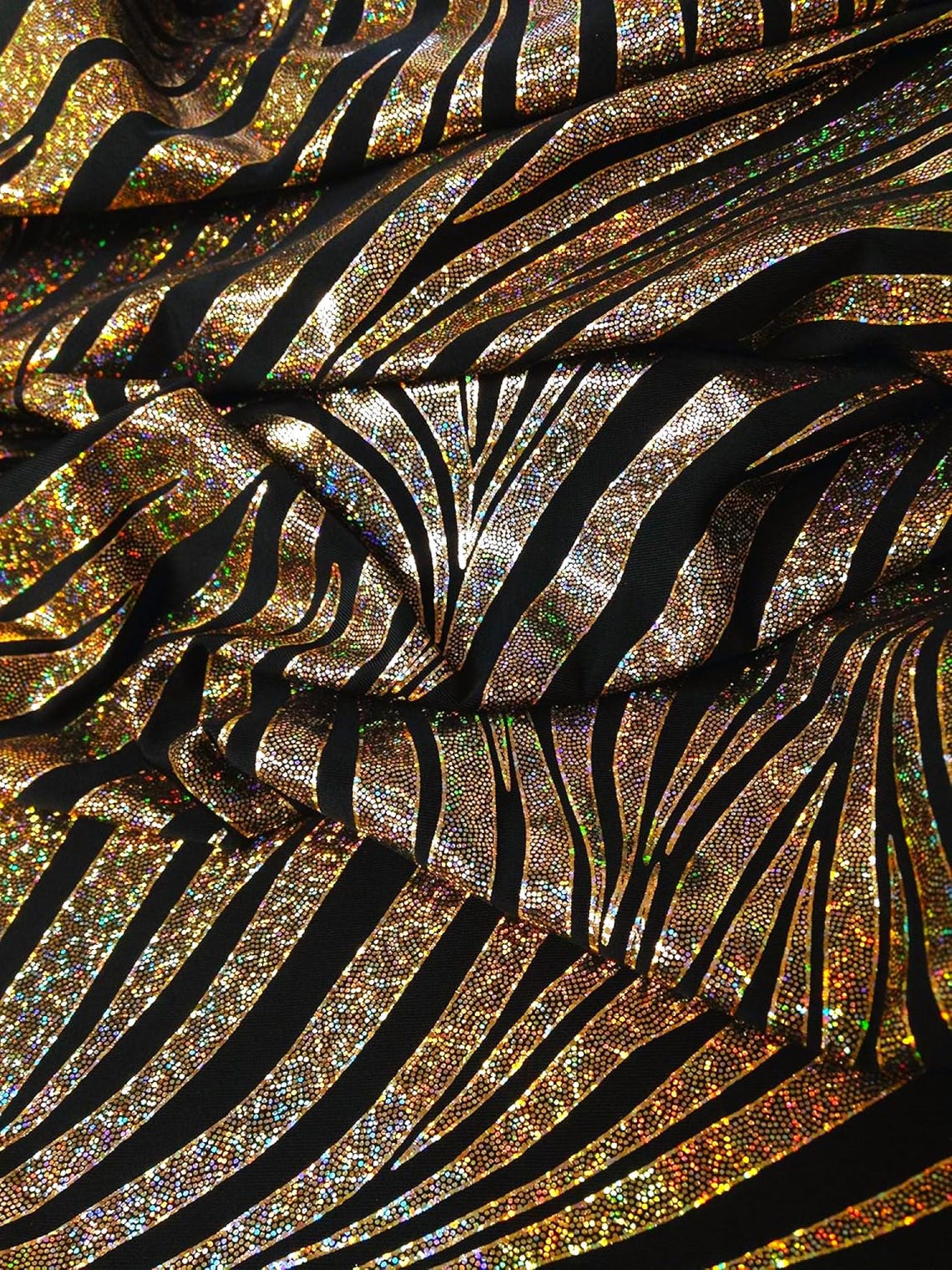 Gold on Black 60" Wide Lightweight Holographic Foil Zebra Print on ...