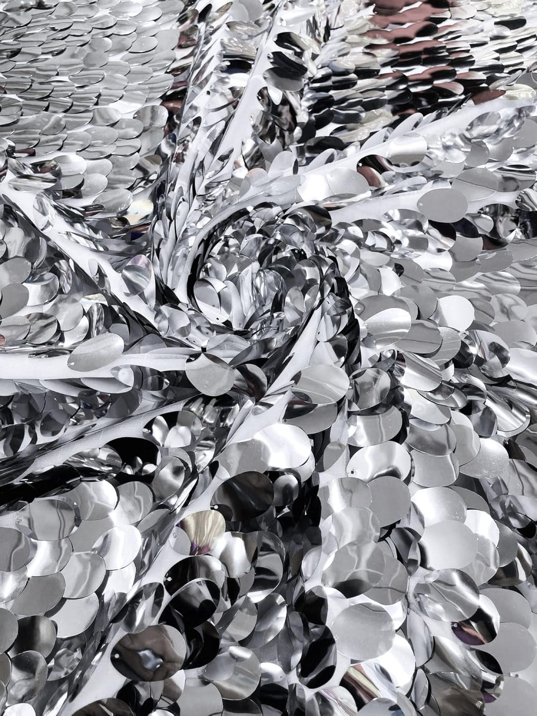 Solid Silver on White Mesh 54" Wide Oval Hologram Mermaid Paillette ...