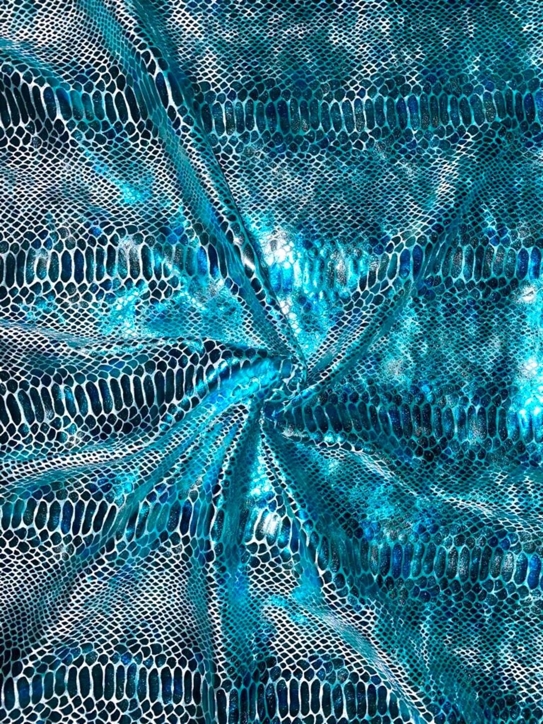 Turquoise 60" Wide Faux Cobra Snake Iridescent Foil Design on Stretch ...