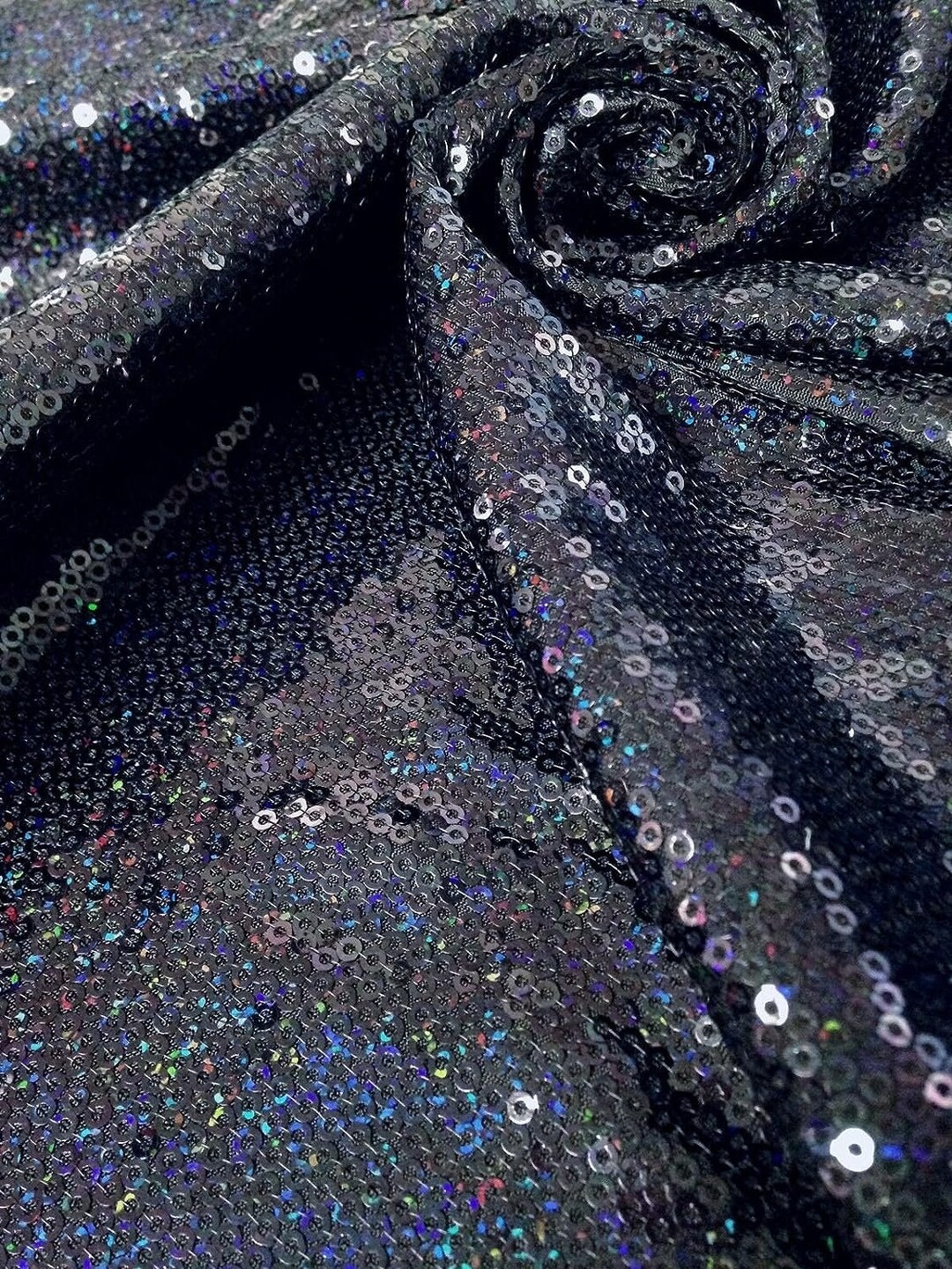 Black 52" Wide 3mm Micro Mini Holographic Sequins on Stretch Polyester ...