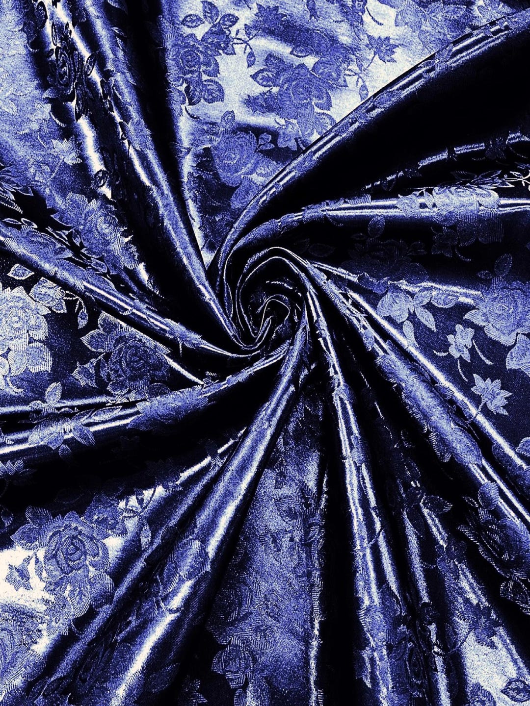 Navy Blue 58/60" Wide Polyester Rose Floral Brocade Jacquard Satin ...