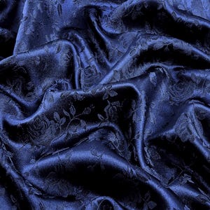 Navy Blue 58/60" Wide Polyester Rose Floral Brocade Jacquard Satin ...