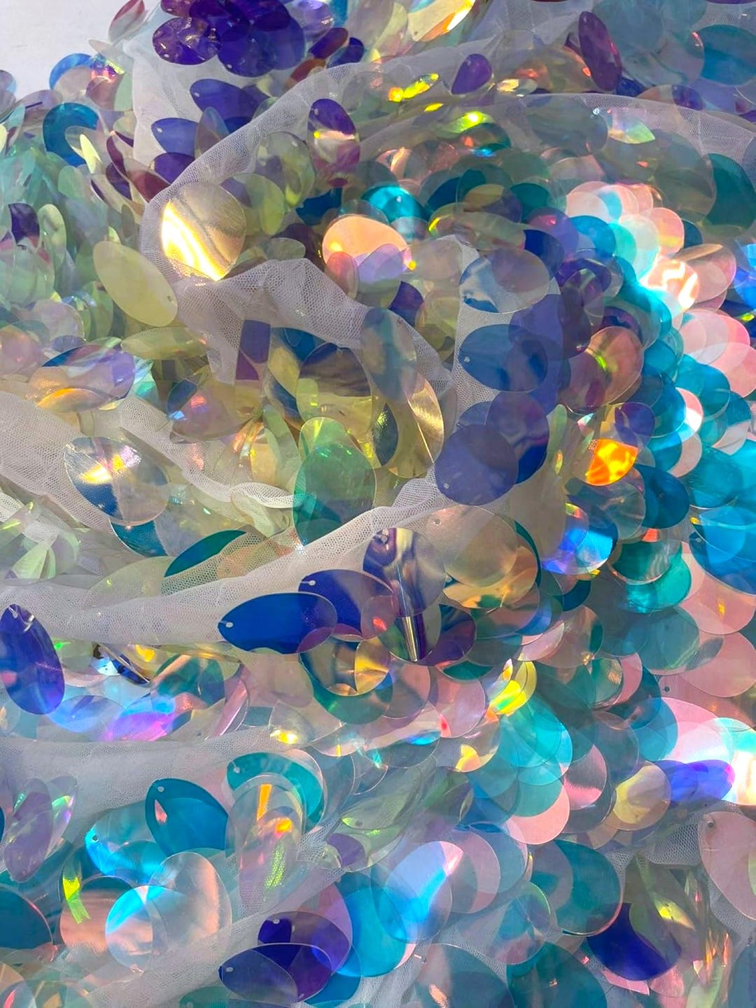 Iridescent Clear on White Mesh 54" Wide Oval Hologram Mermaid Paillette ...