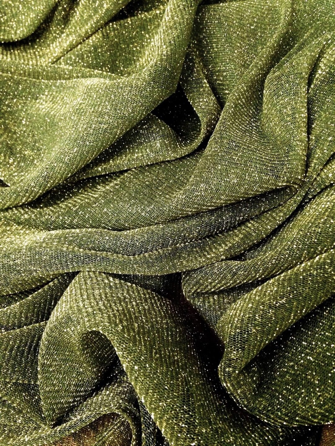 Gold Shimmer Lurex on Olive Green Color Stretch Polyester Triple Mesh ...