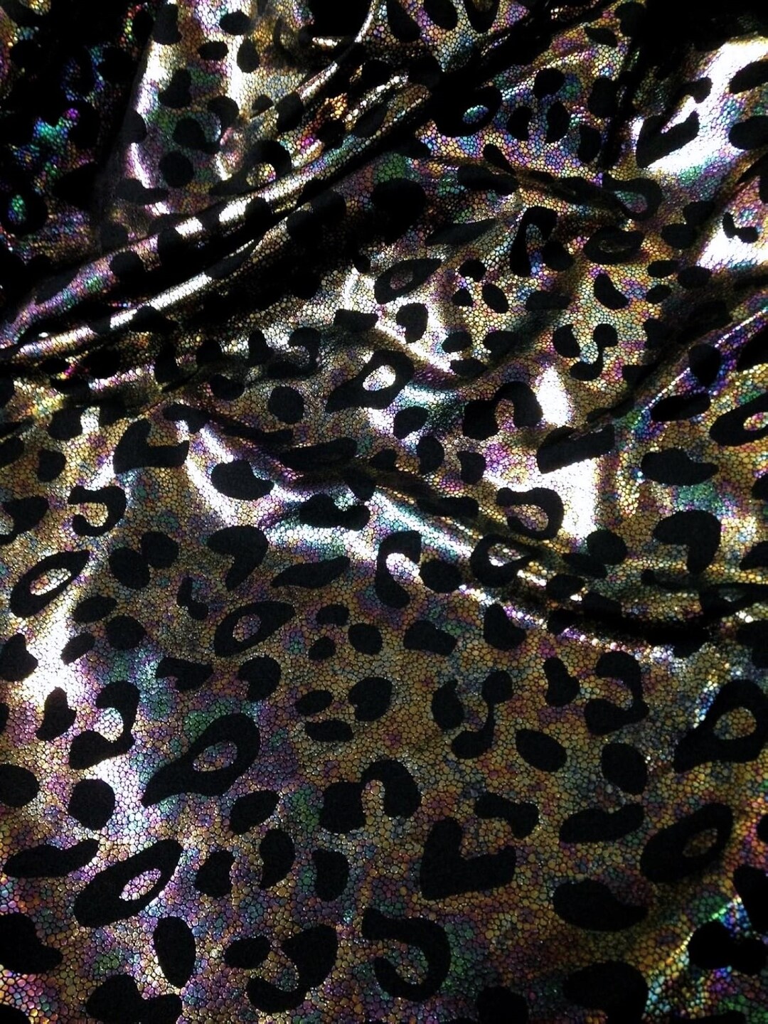 Black 60" Wide Shiny Pebble Foil on Bright Stretch Spandex Cheetah ...