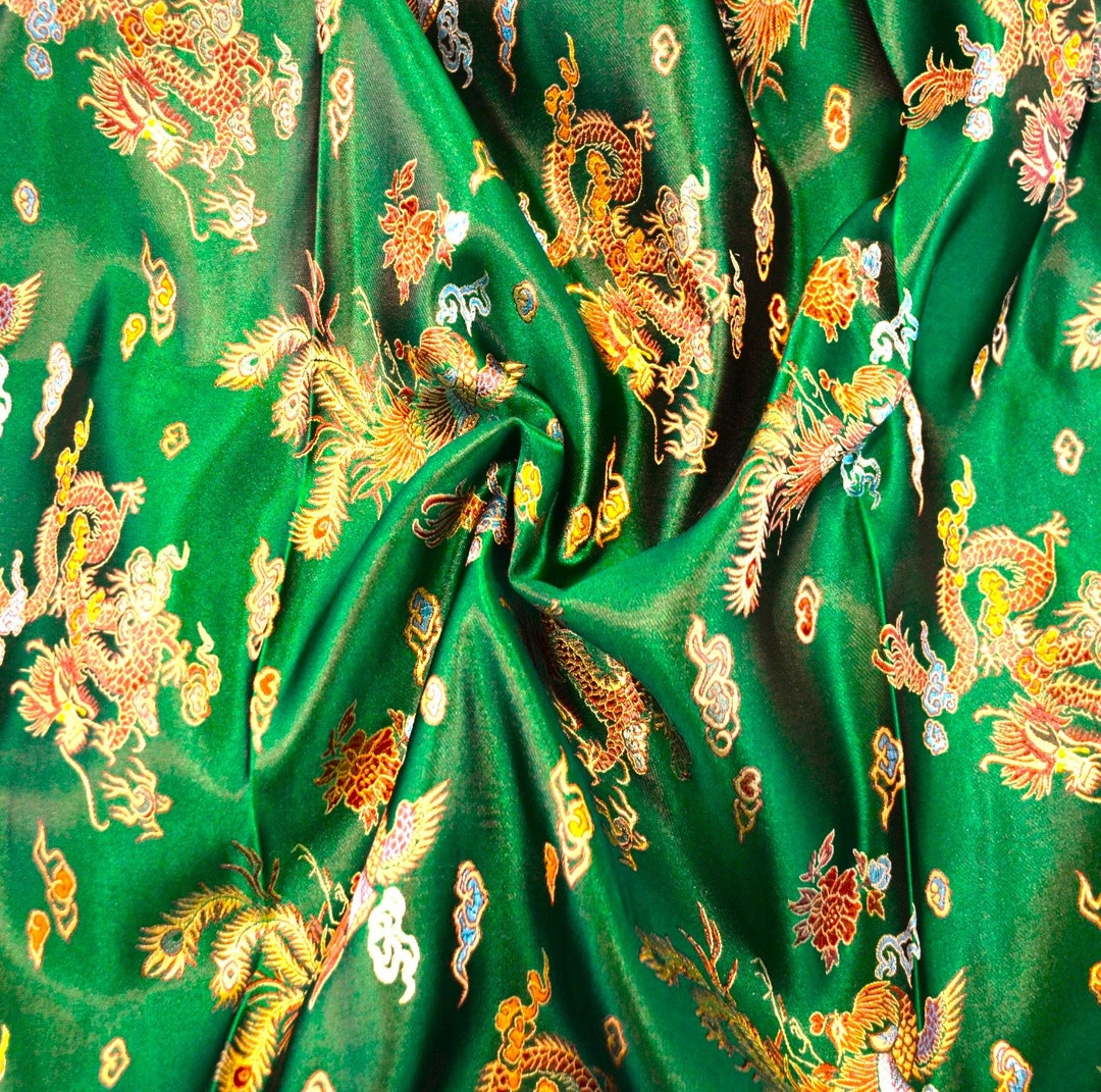 Emerald Green 45 Wide Chinese Dragon Brocade Multi Color Brocade Fabric ...
