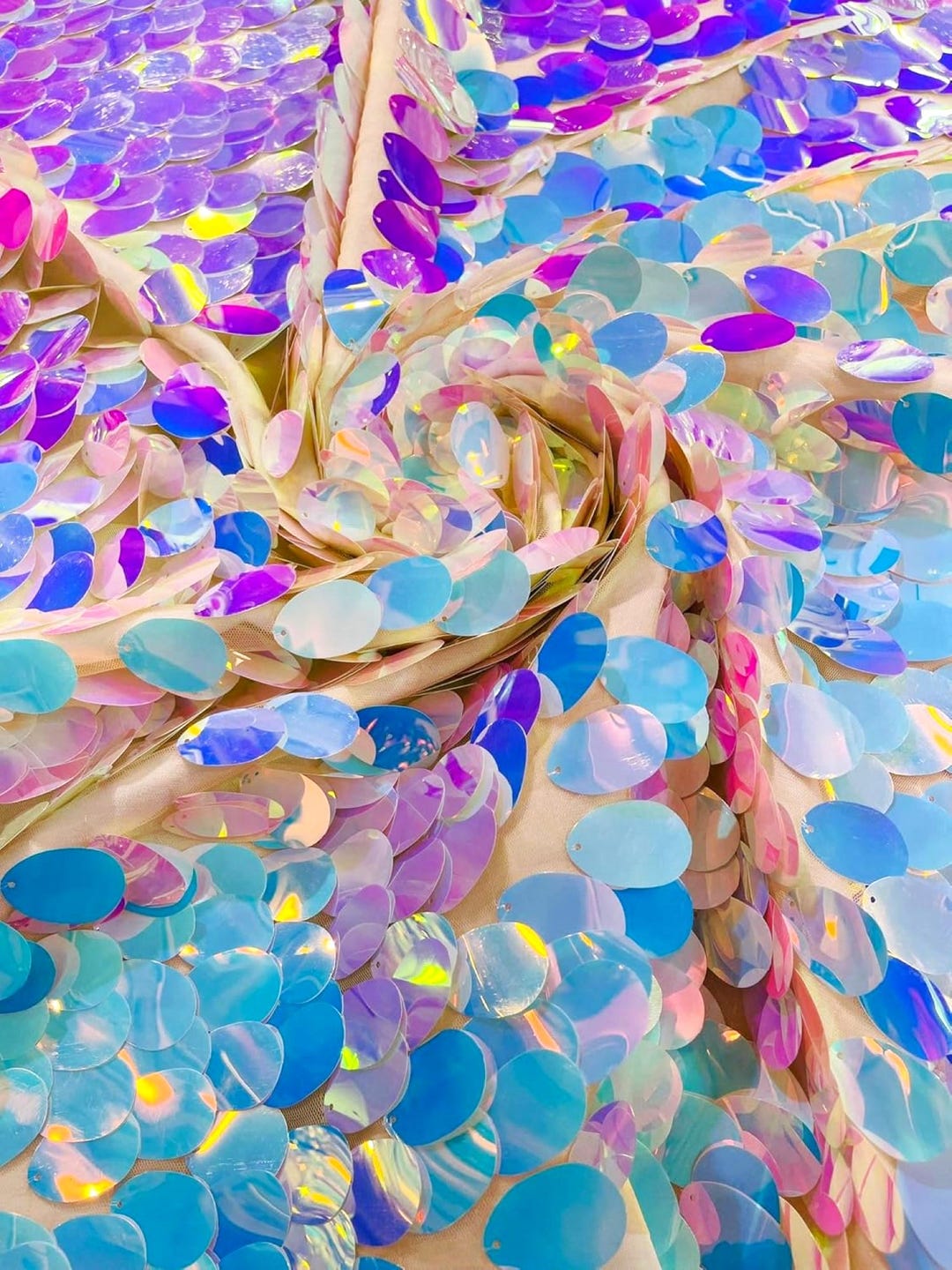 Iridescent Aqua on Nude Mesh 54" Wide Oval Hologram Mermaid Paillette ...