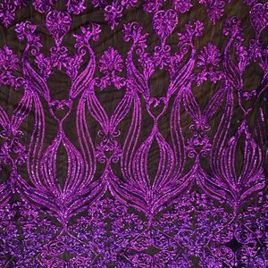 Iridescent Purple on Black Mesh 51/54" Wide Damask Design Embroidered ...