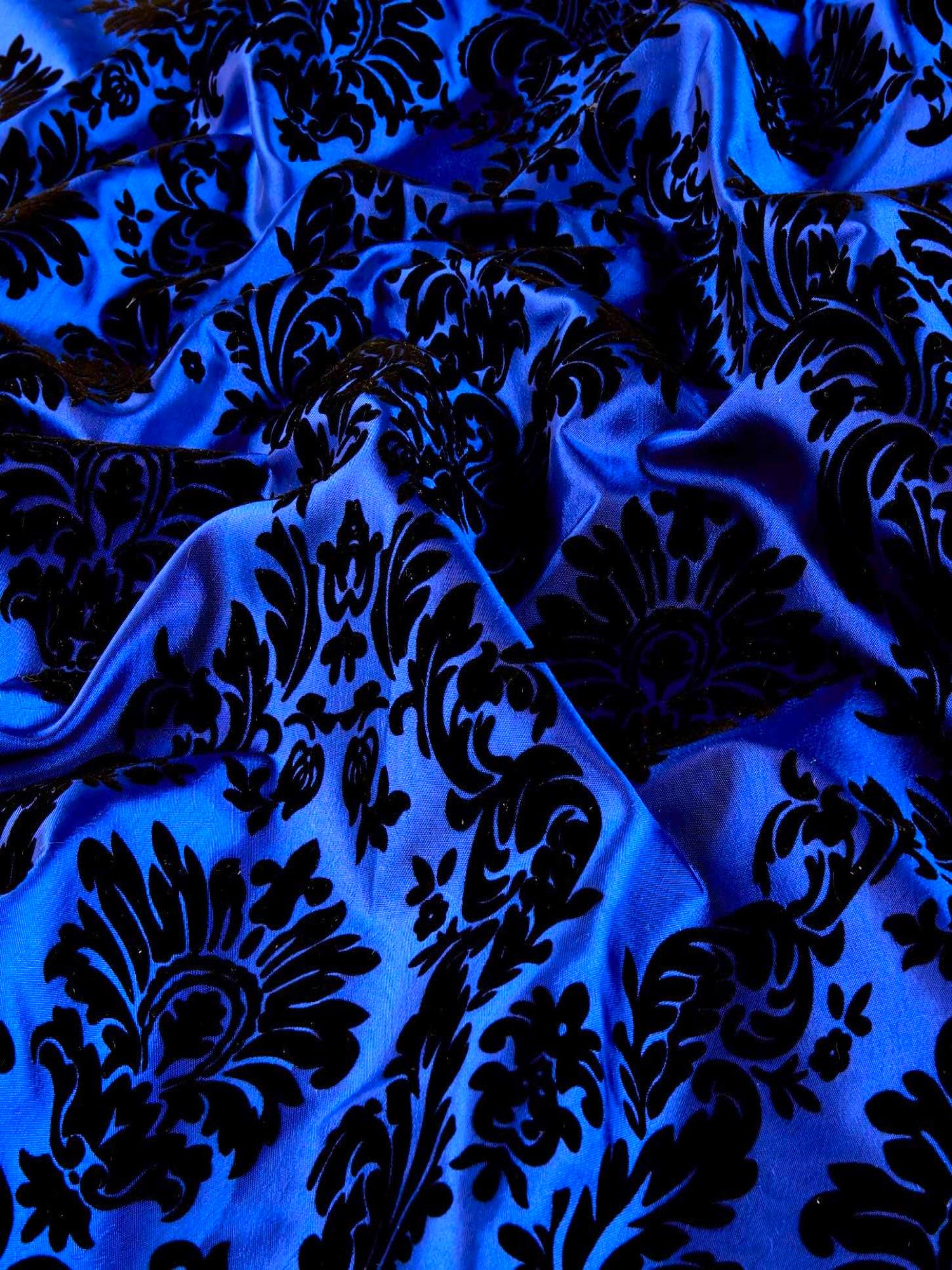 Black on Royal Blue 60" Wide Damask Velvet Flocking Taffeta Fabric by ...