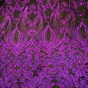 Iridescent Purple on Black Mesh 51/54" Wide Damask Design Embroidered ...