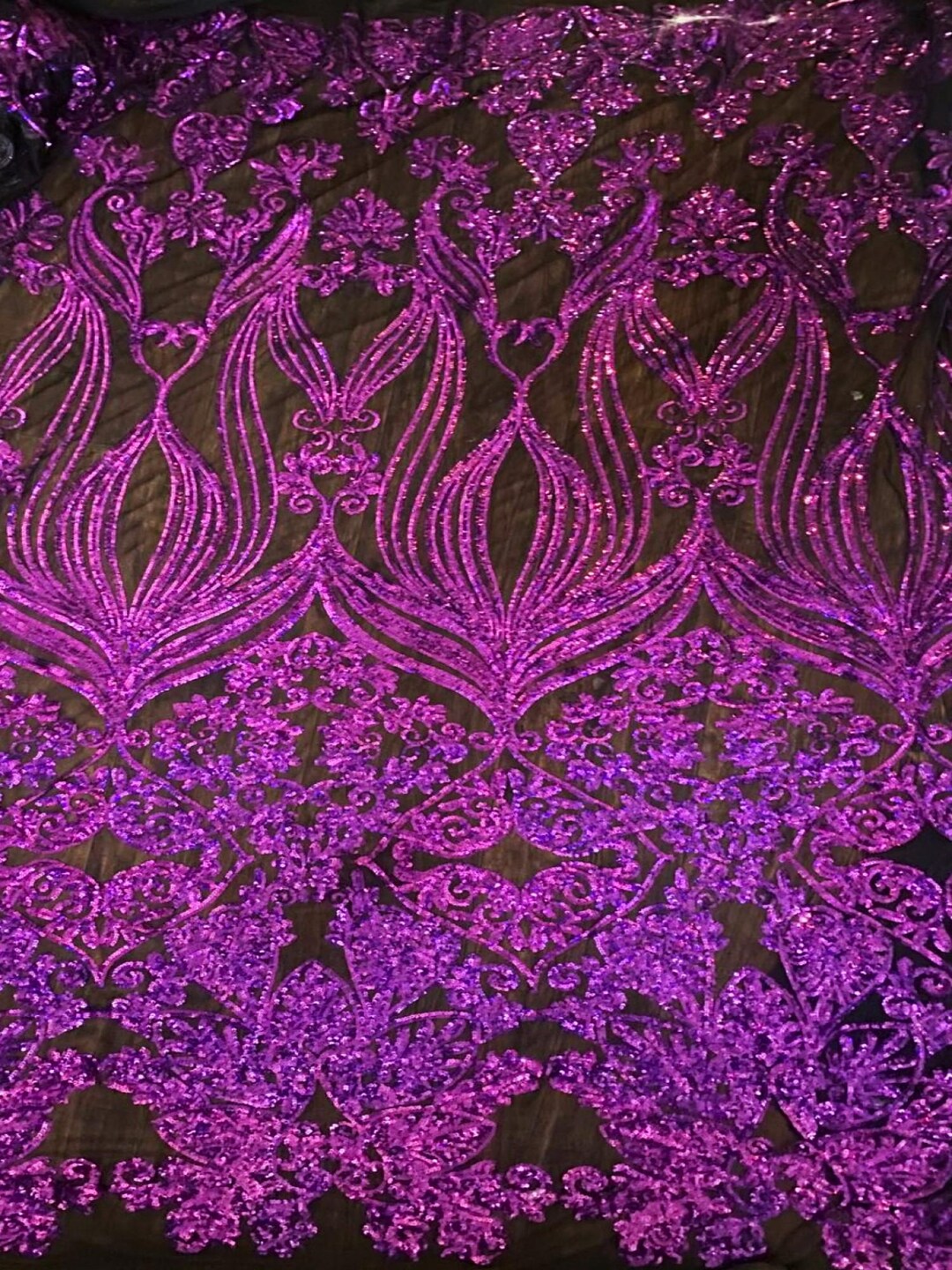 Iridescent Purple on Black Mesh 51/54" Wide Damask Design Embroidered ...
