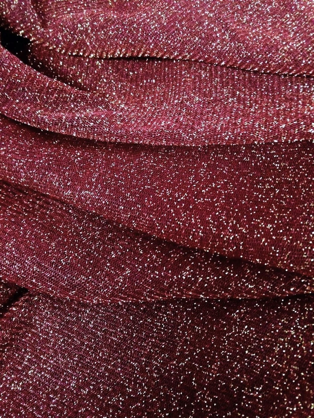 Gold Shimmer Lurex on Burgundy Color Stretch Polyester Triple Mesh See ...