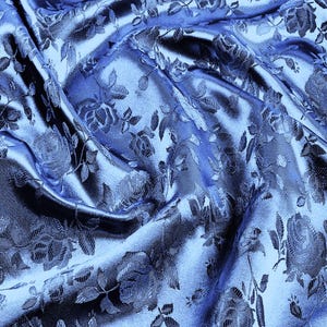 Steel Blue 60" Wide Polyester Rose Floral Brocade Jacquard Satin Fabric ...