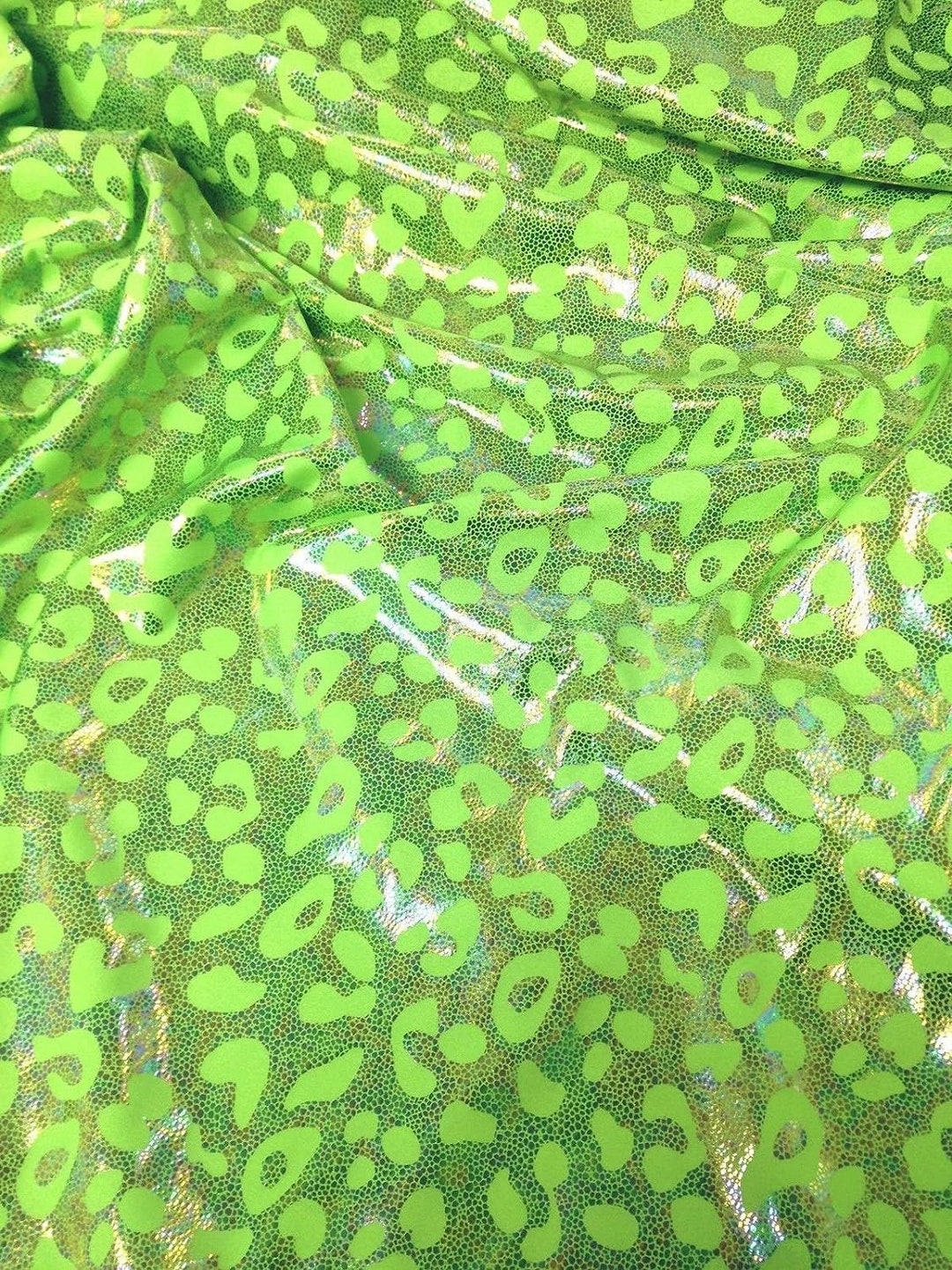 Lime Green 60" Wide Cheetah Pattern Shiny Rainbow Pebble Foil on Bright ...