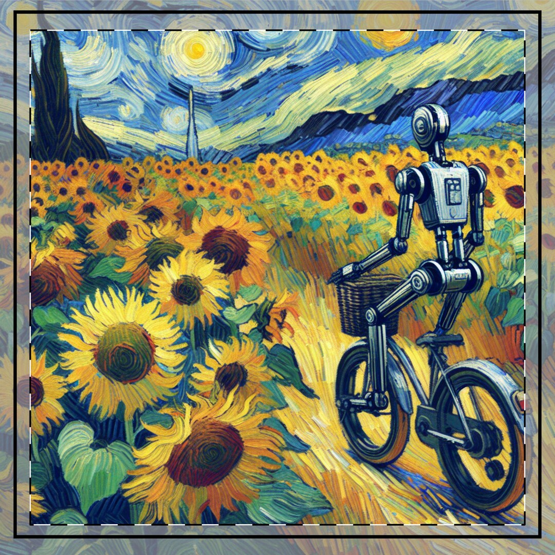 Vincent Van Gogh Style Robot Riding Unicycle Throw Pillow, Sunflower ...