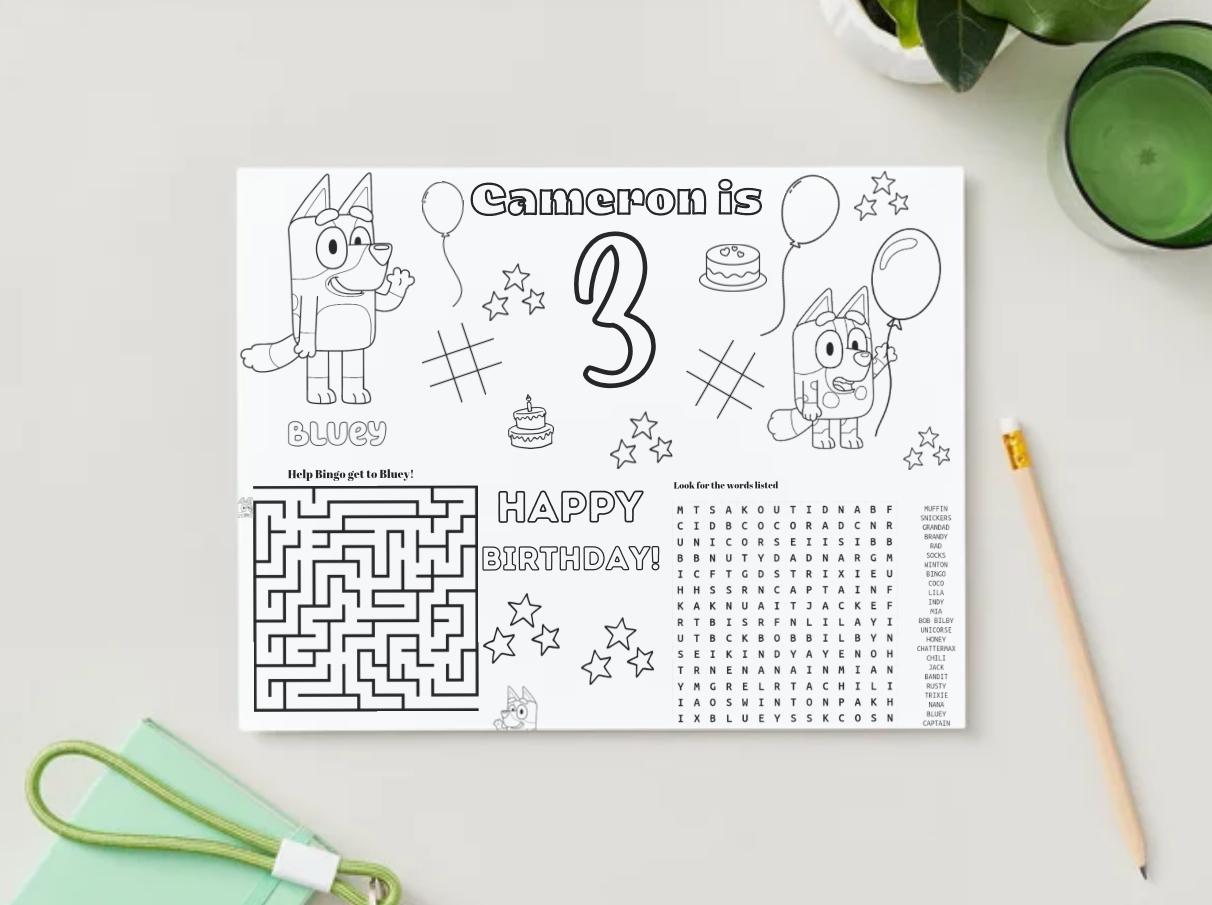 Bluey Birthday Activity Coloring Page – Kids Table Activity Placemat ...