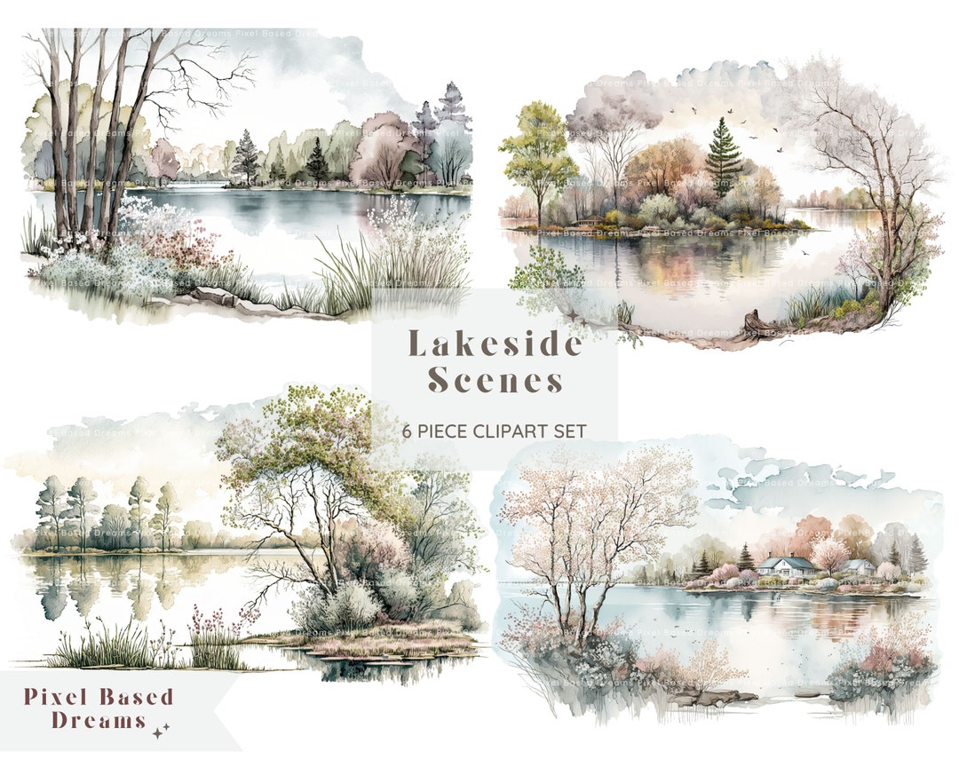 Lakeside Scene Clipart Set Digital Watercolor Clip Art PNG Graphics ...