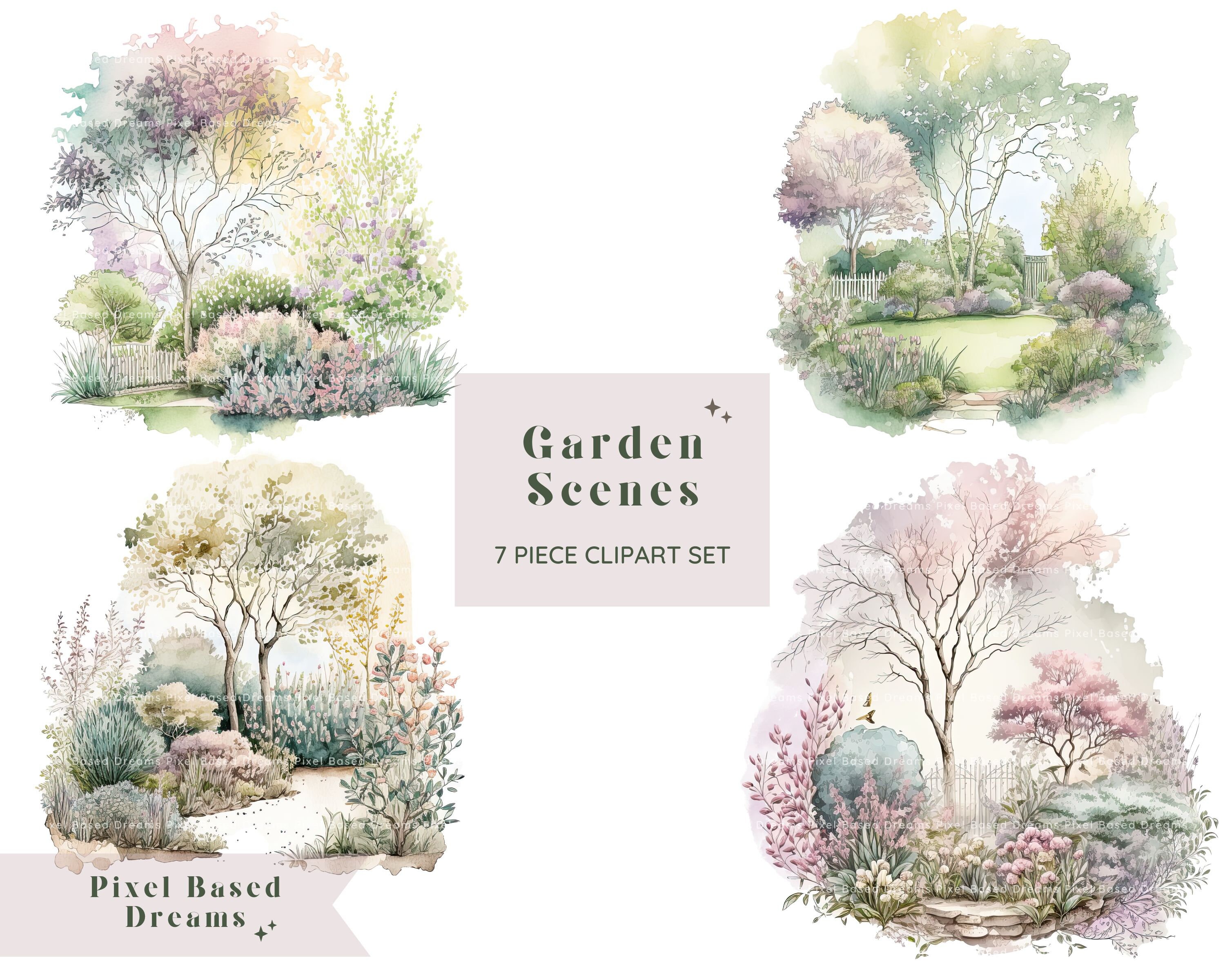 Garden Scene Clipart Set Digital Watercolor Clip Art PNG Graphics ...