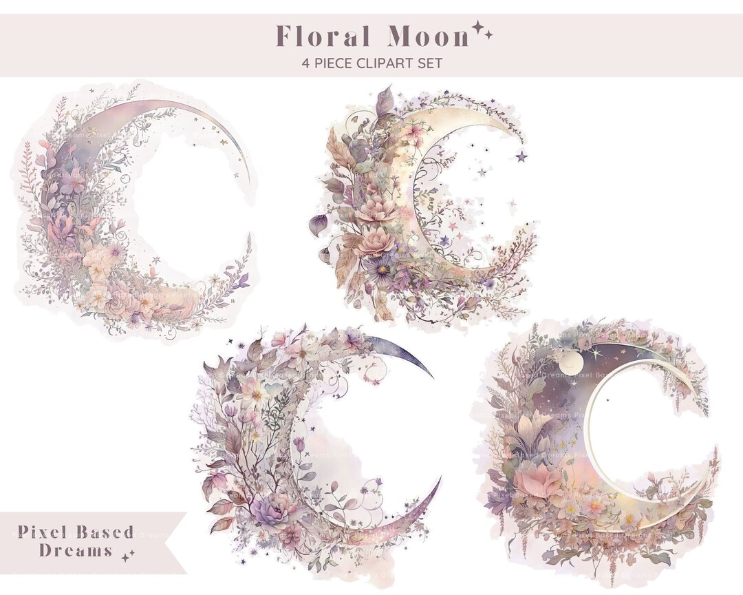 Floral Moon Clipart Set Digital Watercolor Clip Art PNG Graphics Bundle ...