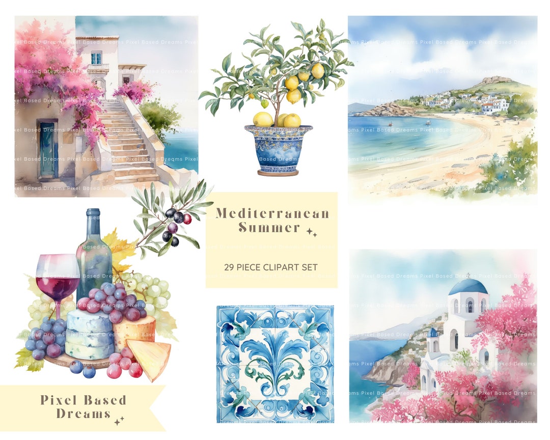 Mediterranean Summer Clipart Digital Watercolor Clip Art Beach & Ocean ...