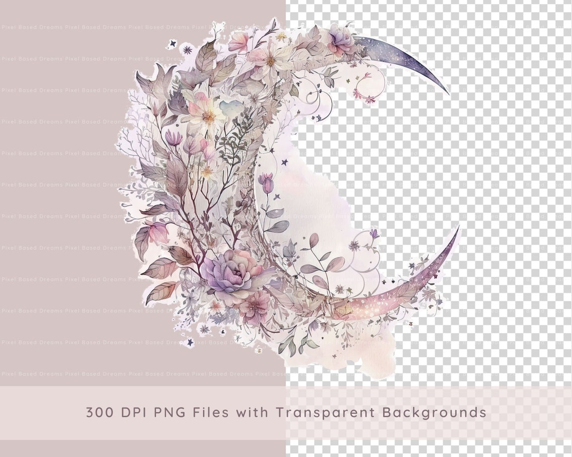 Floral Moon Clipart Set Digital Watercolor Clip Art PNG Graphics Bundle ...