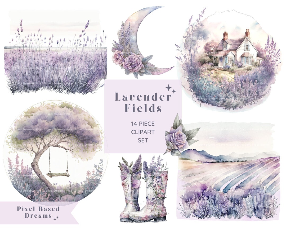 Lavender Fields Clipart Set Digital Watercolor Clip Art PNG Graphics ...